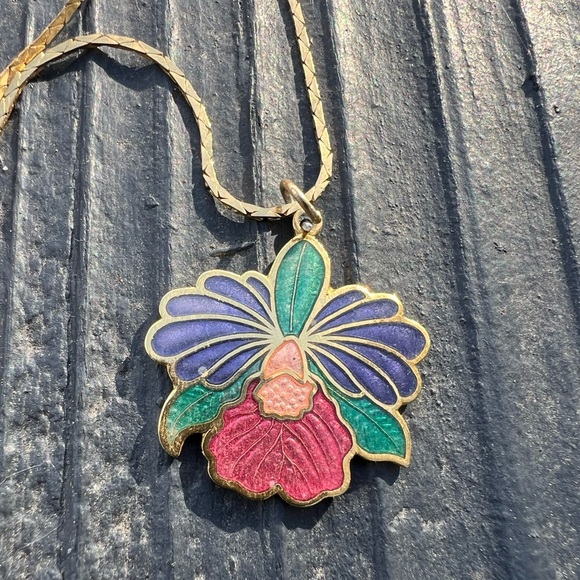 Monet | Jewelry | Vintage 8s Cloisonne Pendant Monet Enamel Orchid ...